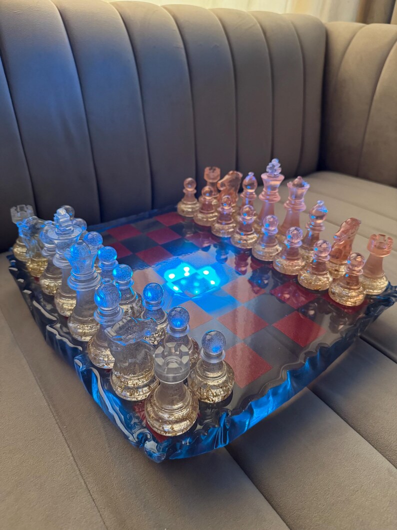 Handcrafted Icy-themed Epoxy Resin Chessboard With Large Chess Pieces ...