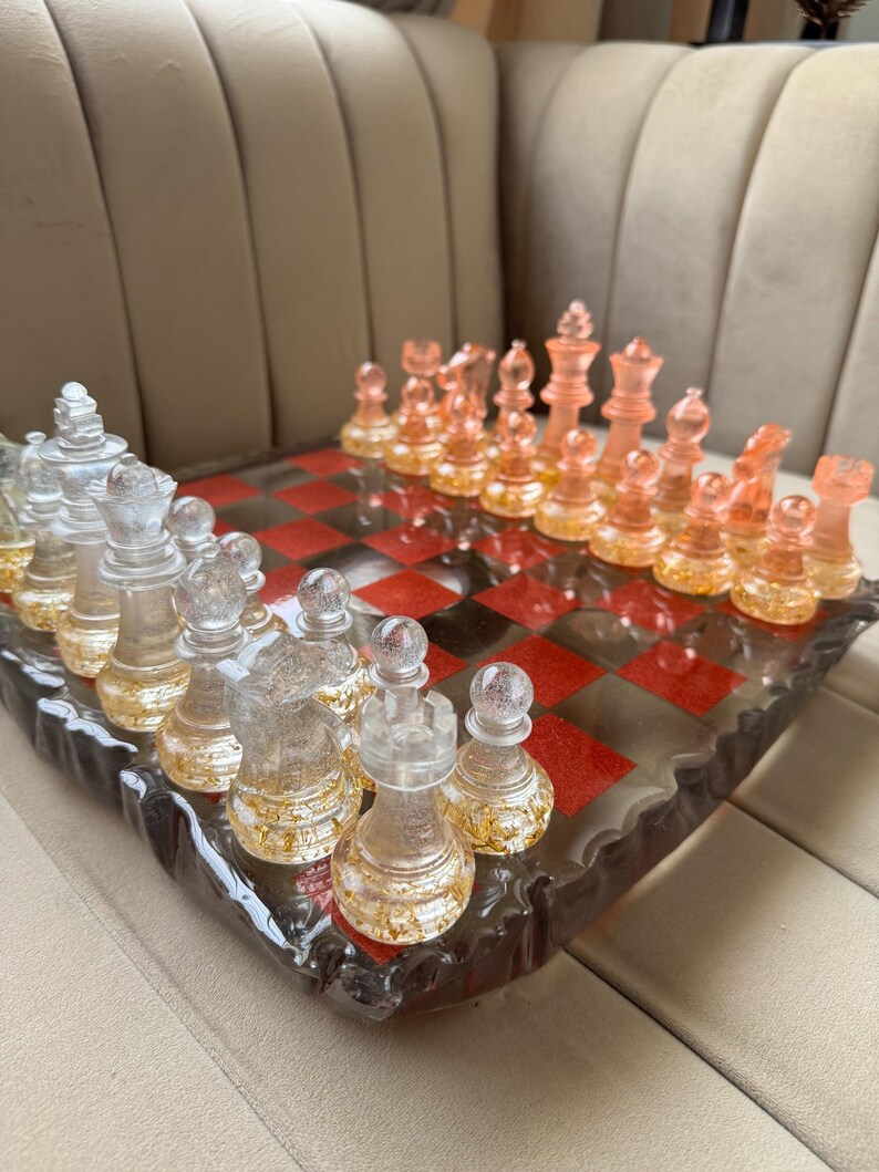 Handcrafted Icy-themed Epoxy Resin Chessboard With Large Chess Pieces ...