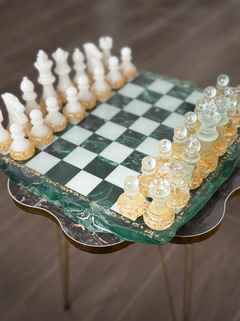 Emerald Elegance: Handmade Luxurious Epoxy Resin Chessboard Set With Large Resin Chess Pieces - Etsy