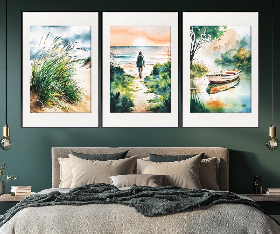 Abstract Sea Views Set of 3 Posters, Seaside Grass, Boat Poster ...