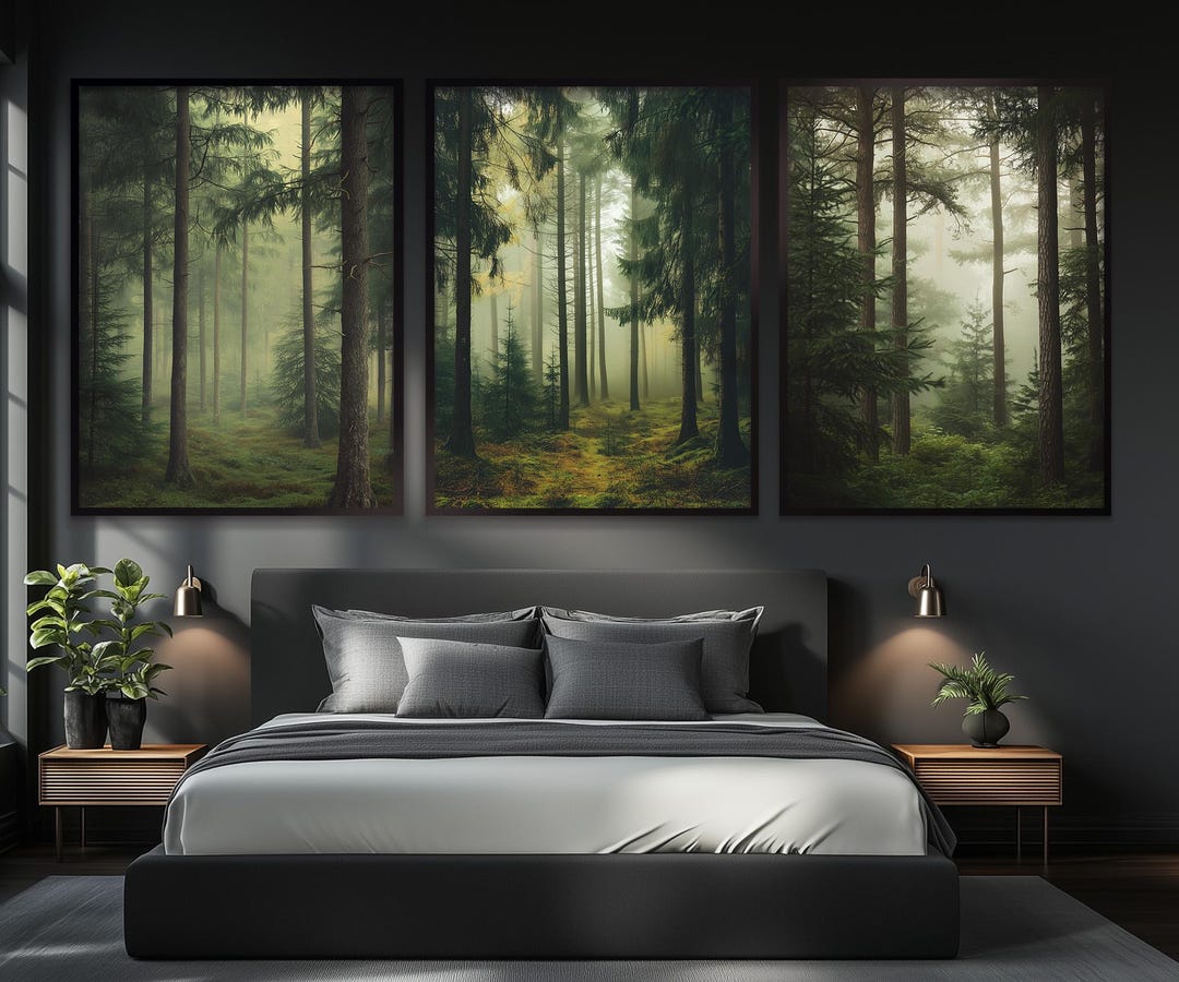 Misty Forest Set of 3 Posters, Green Summer Forest Prints, Soft Green ...