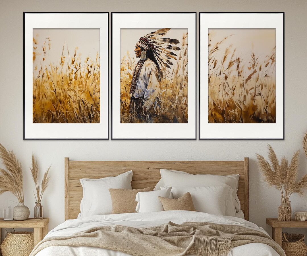First Nations Chief in a Wheat Field Triptych, Native American Wall Art ...