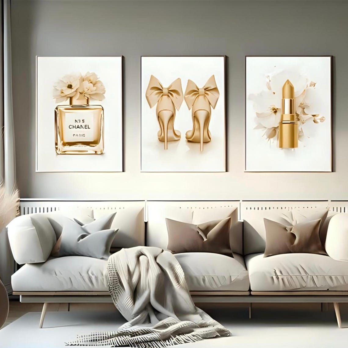 Glam Fashion Wall Art Set | Lipstick Heels Perfume Prints | Gold ...