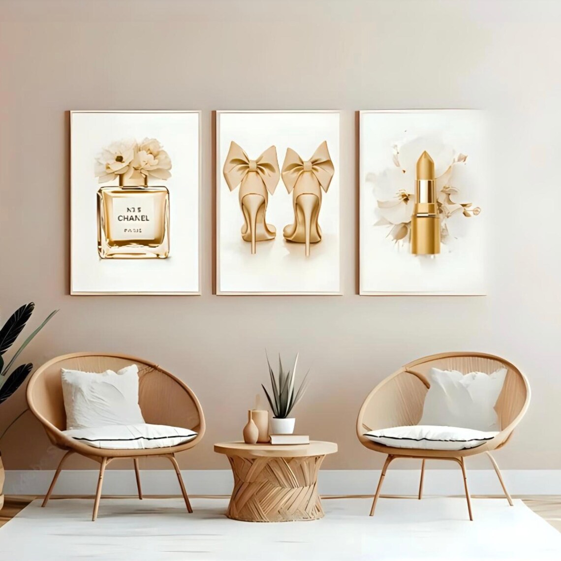 Glam Fashion Wall Art Set | Lipstick Heels Perfume Prints | Gold ...