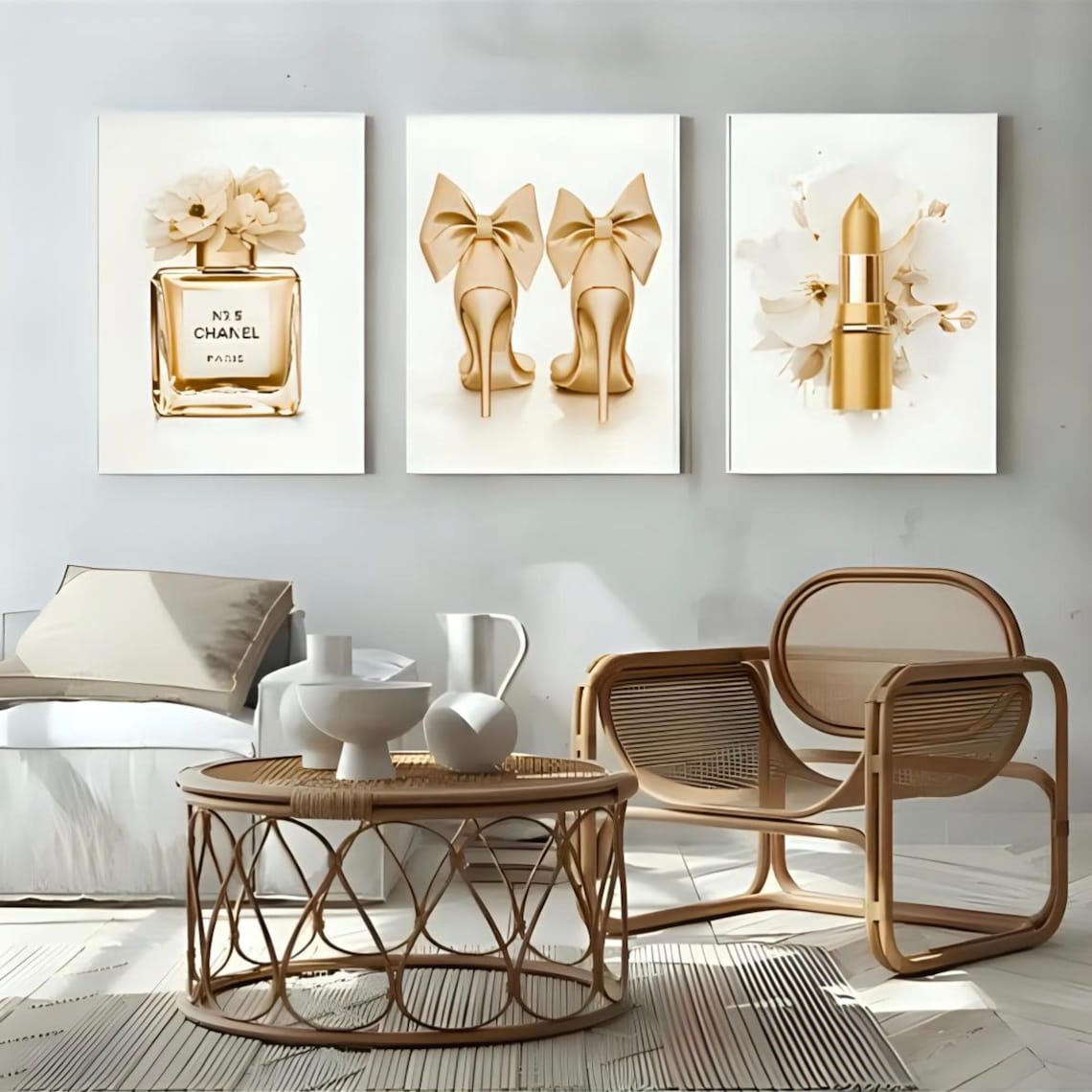 Glam Fashion Wall Art Set | Lipstick Heels Perfume Prints | Gold ...