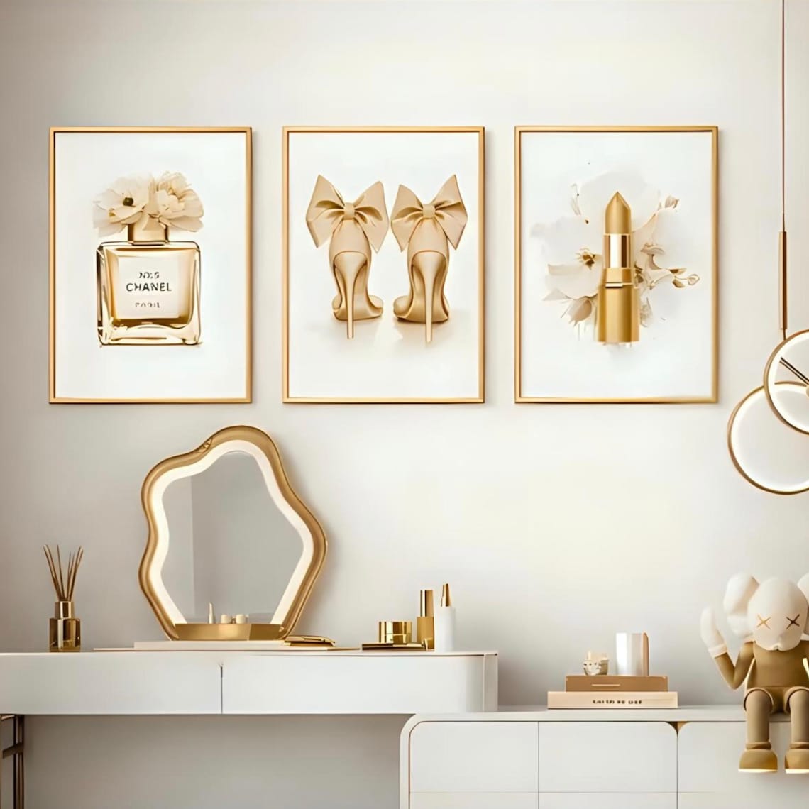 Glam Fashion Wall Art Set | Lipstick Heels Perfume Prints | Gold ...