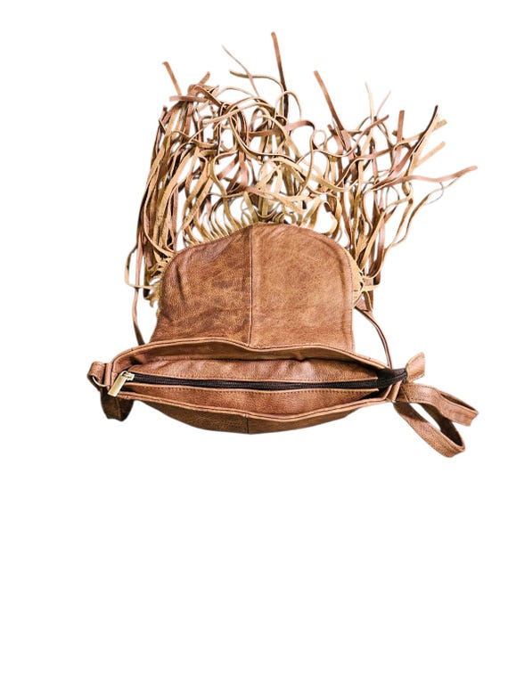 Distressed Tan Leather Crossbody Bag: Retro Fringe Pu… - Gem