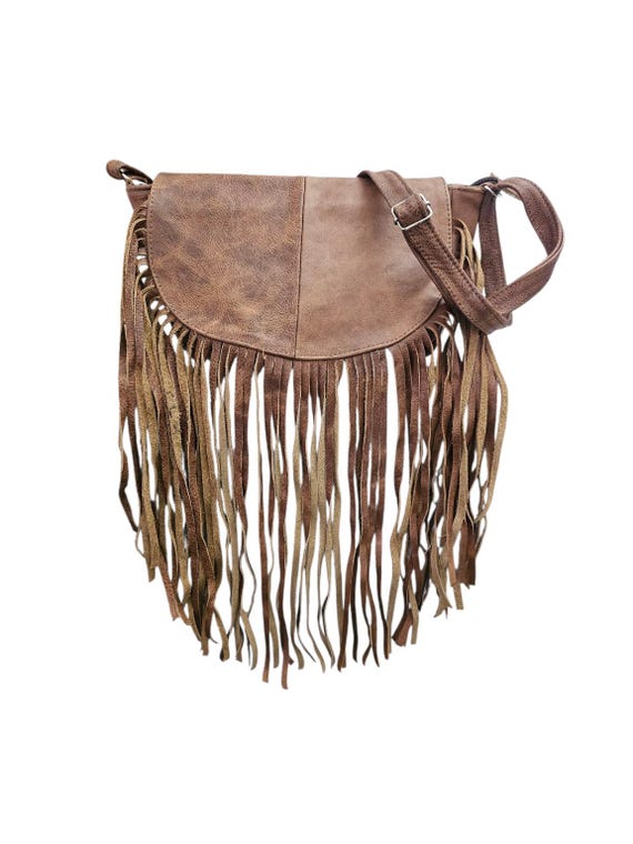 Distressed Tan Leather Crossbody Bag: Retro Fringe Pu… - Gem