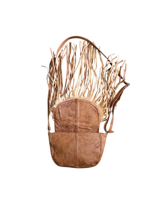Distressed Tan Leather Crossbody Bag: Retro Fringe Pu… - Gem