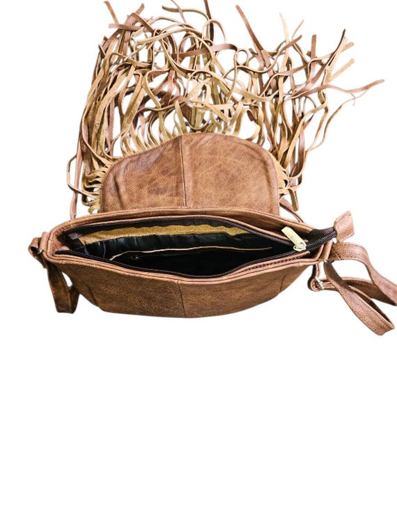 Distressed Tan Leather Crossbody Bag: Retro Fringe Pu… - Gem