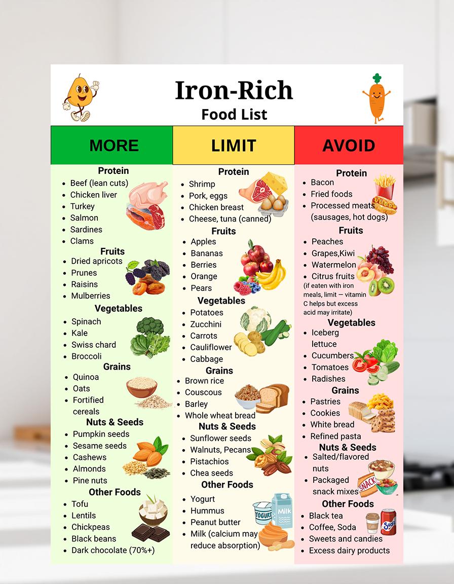Iron Rich Food List Printable, Iron Rich Food Chart for Anemia and Iron ...