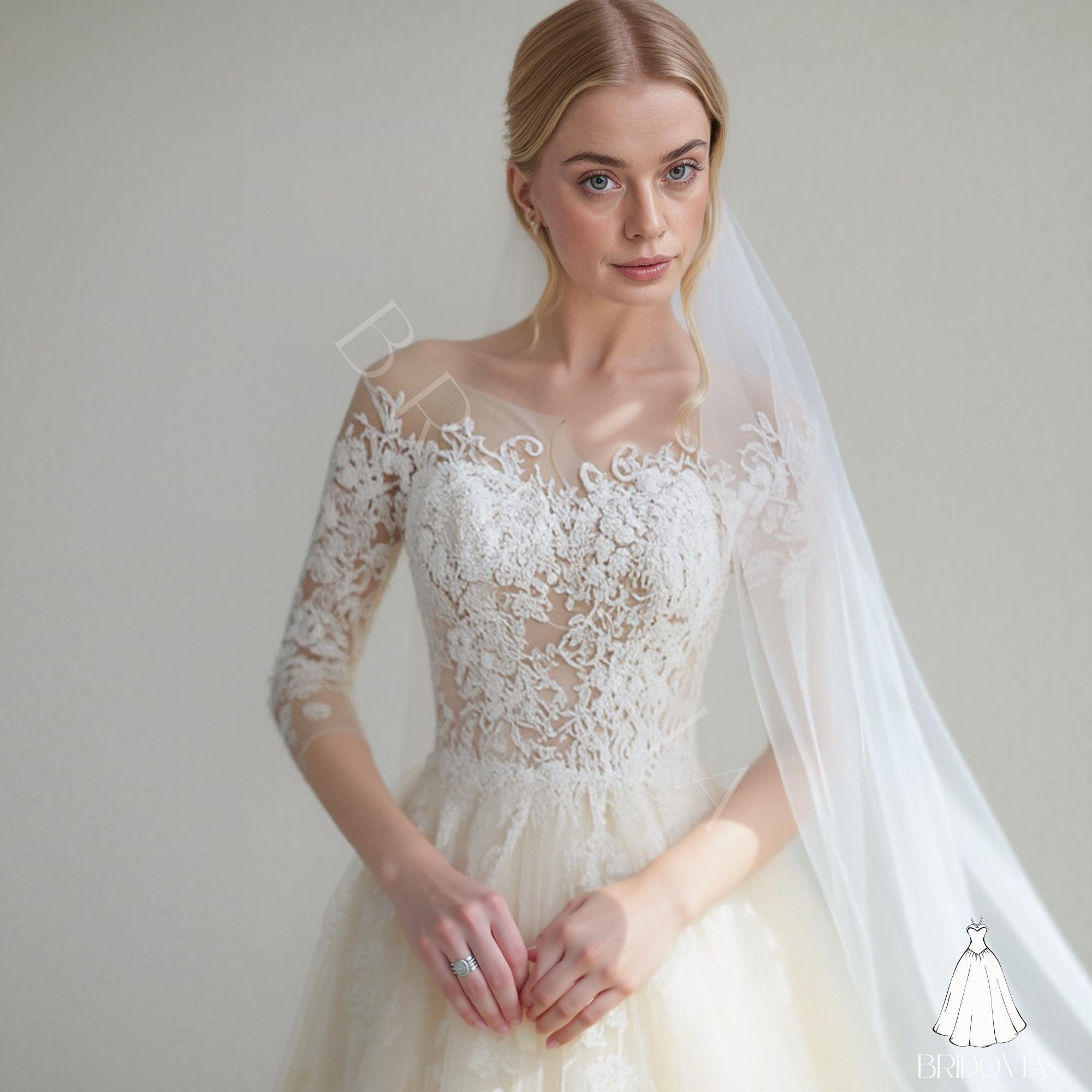 Elegant Illusion Lace Wedding Dress With Long Sleeves - Tulle Skirt, Floral Appliqué & Sheer ...