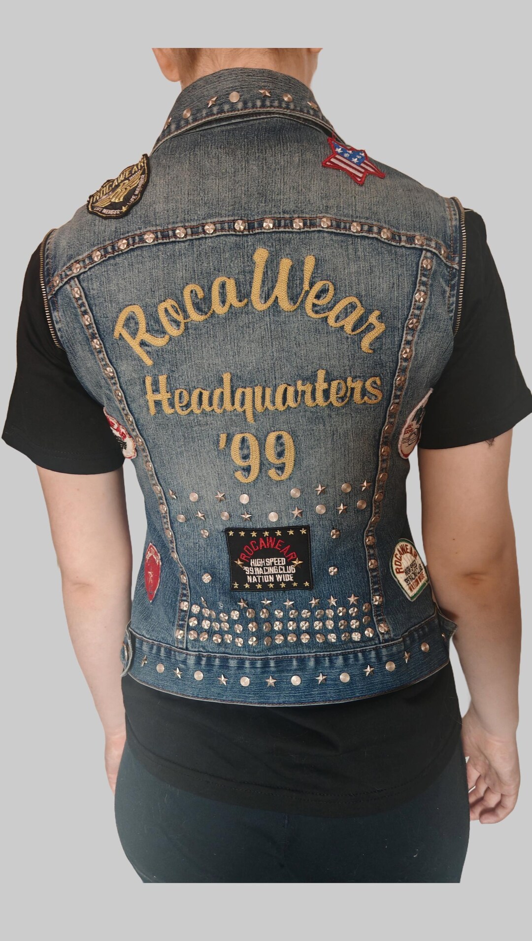Rare Vintage Roca Wear Headquarters 99 Denim Studded Embroidered Vest ...