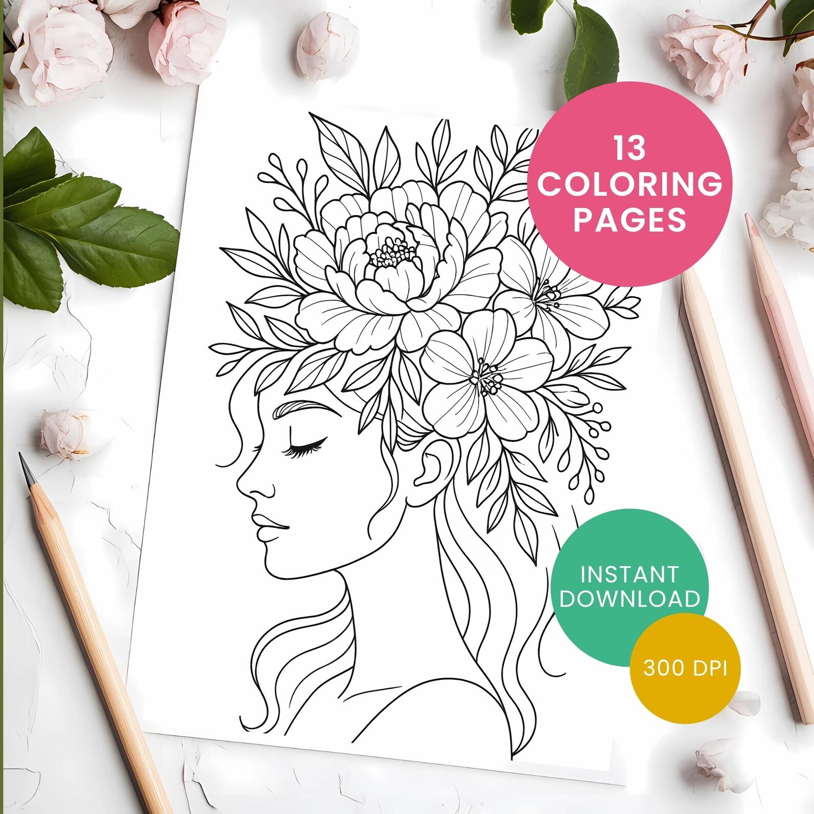 Botanical Female Portrait Coloring Pages: 13 Mindful Art Line-art ...