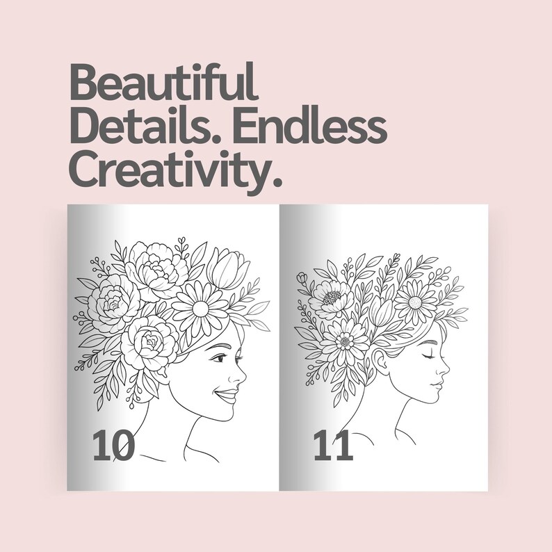 Botanical Female Portrait Coloring Pages: 13 Mindful Art Line-art ...