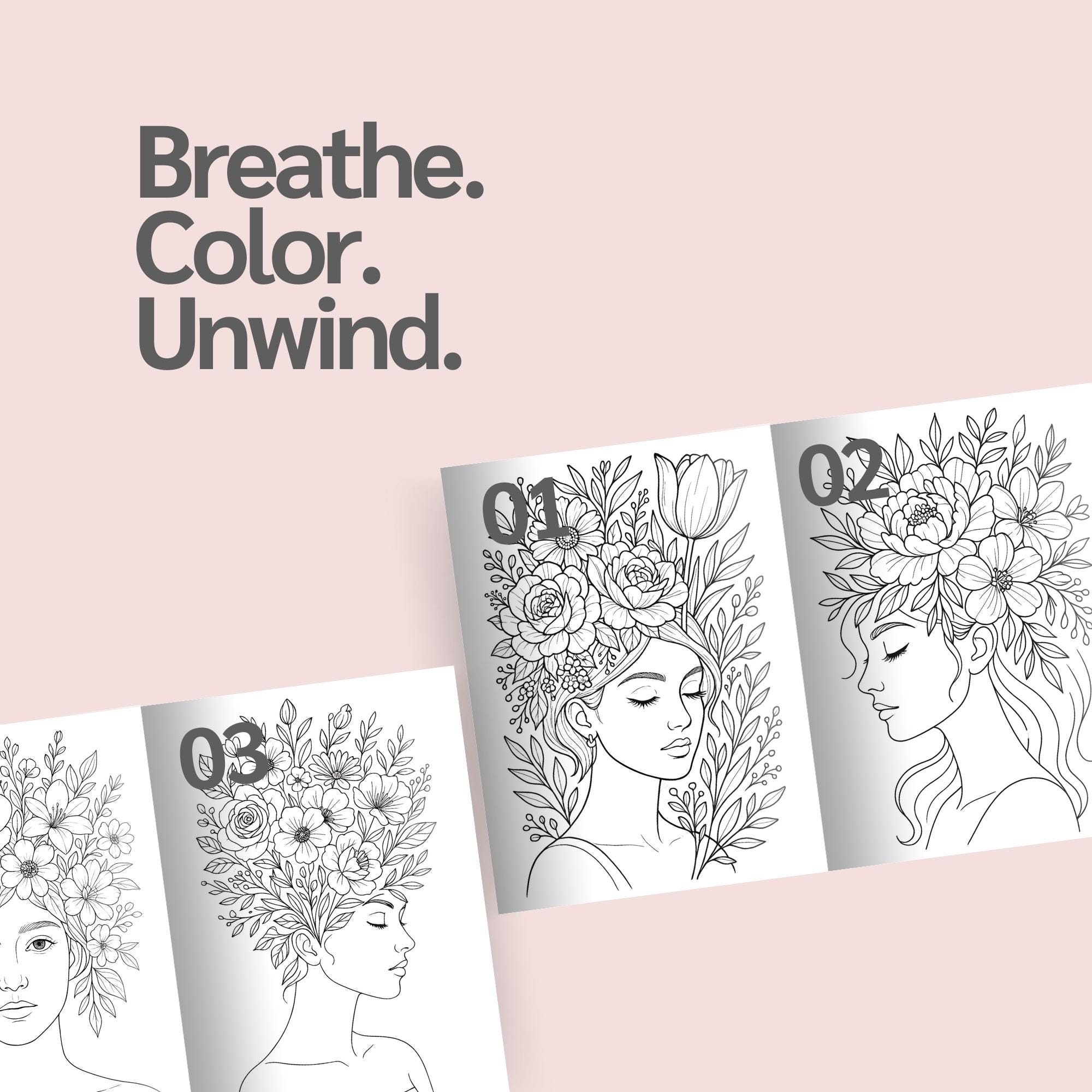 Botanical Female Portrait Coloring Pages: 13 Mindful Art Line-art ...