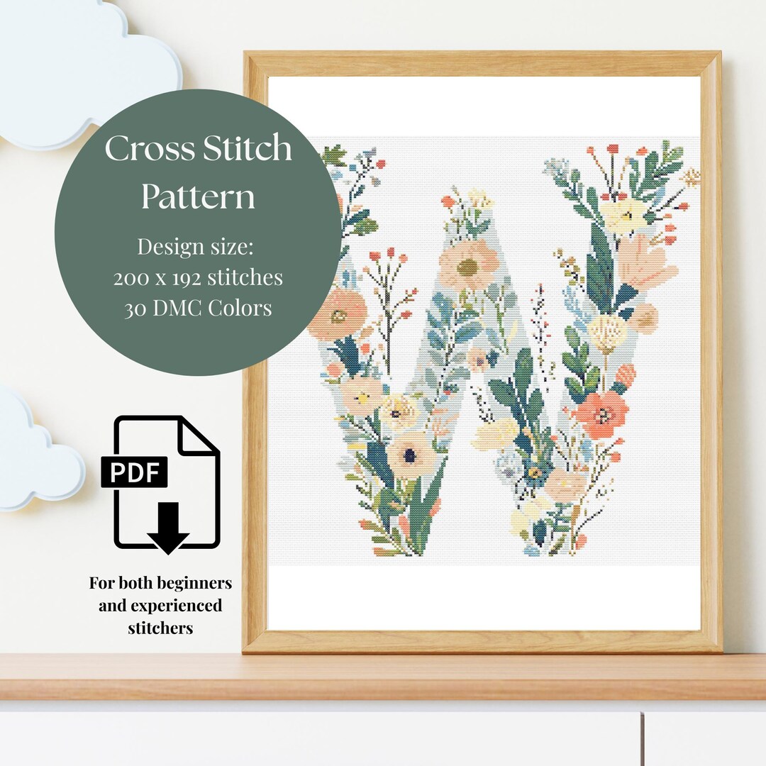 Cross Stitch Pastel Floral Letter W Pattern, Botanical Monogram PDF ...