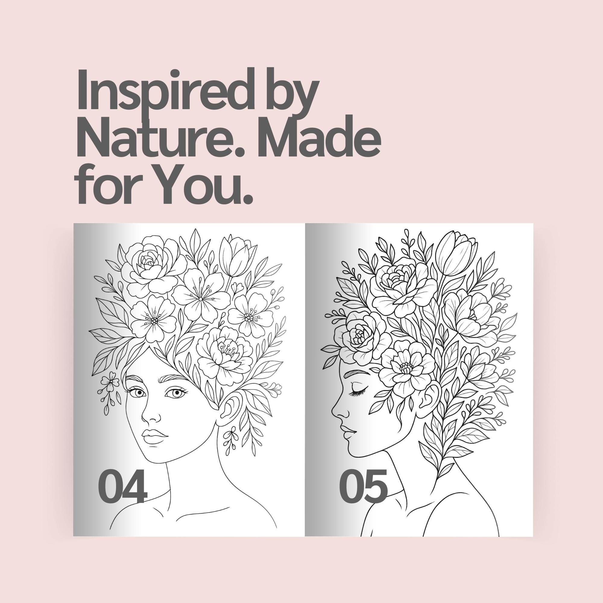 Botanical Female Portrait Coloring Pages: 13 Mindful Art Line-art ...