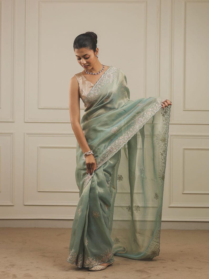 Ocean Blue Tissue Saree With Pittan Threadwork and Sequins | Designer ...