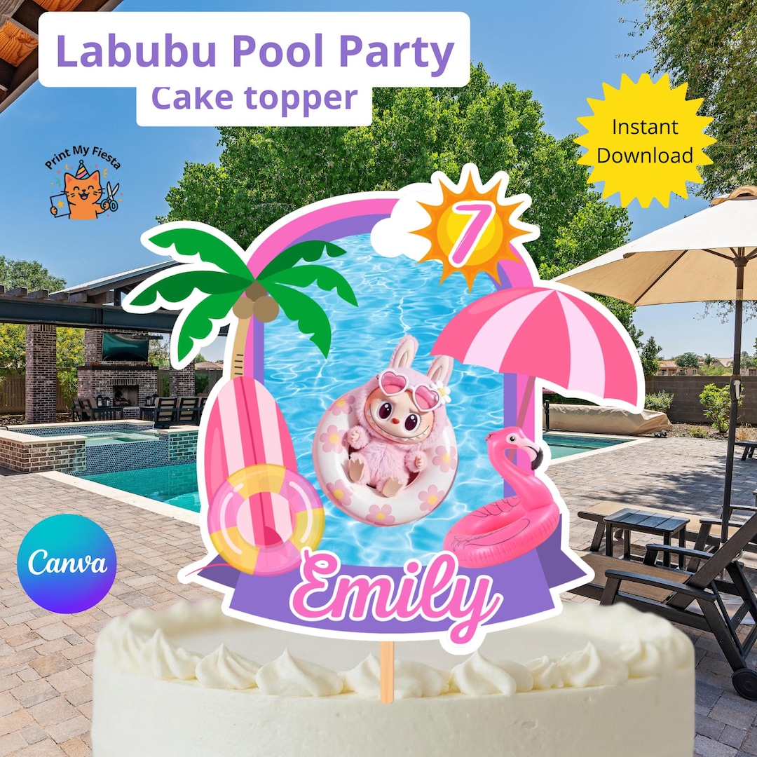 Labubu Pool Party Cake Topper: Editable Canva Template (digital ...