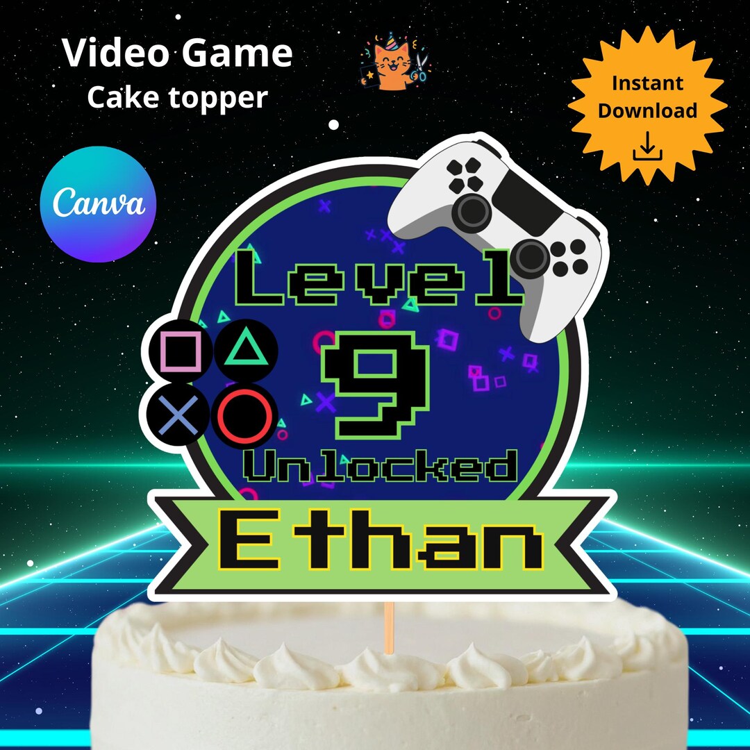 Gamer Cake Topper Printable: Level up Birthday Party (canva Template ...
