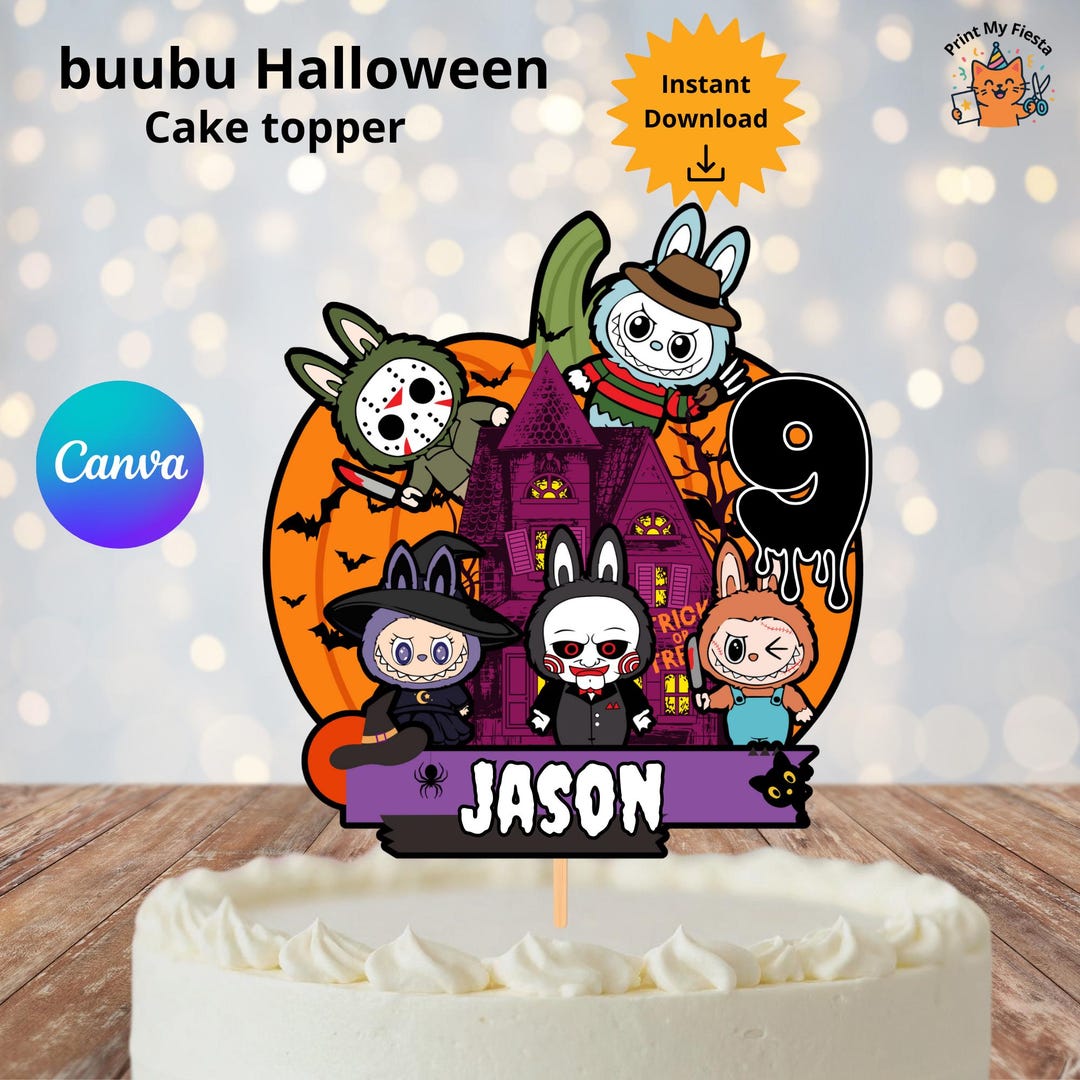 Personalized Cartoon Horror Halloween Cake Topper: Canva Template ...