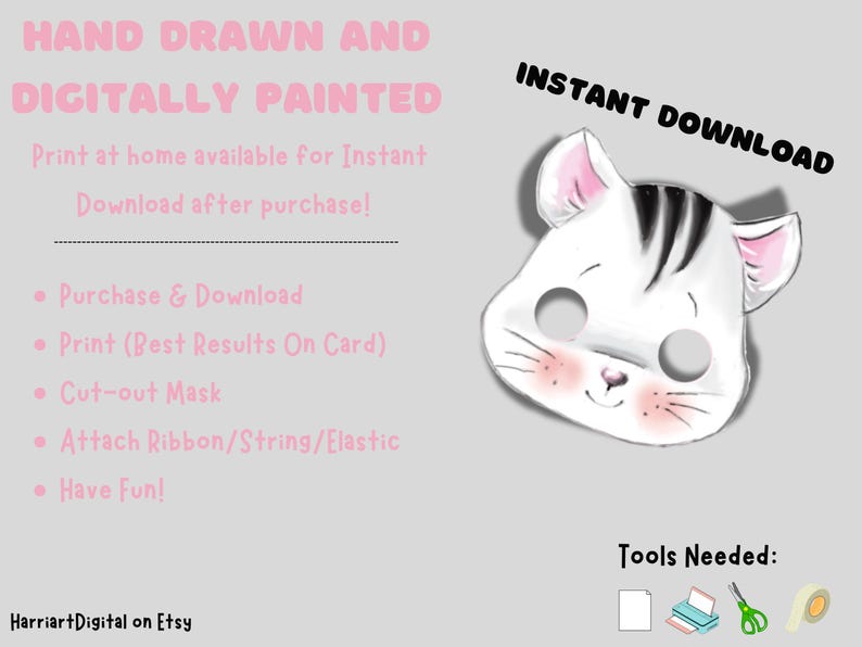 Digital Cat Mask | Printable Cat Mask | Cat Costume DIY | Instant ...