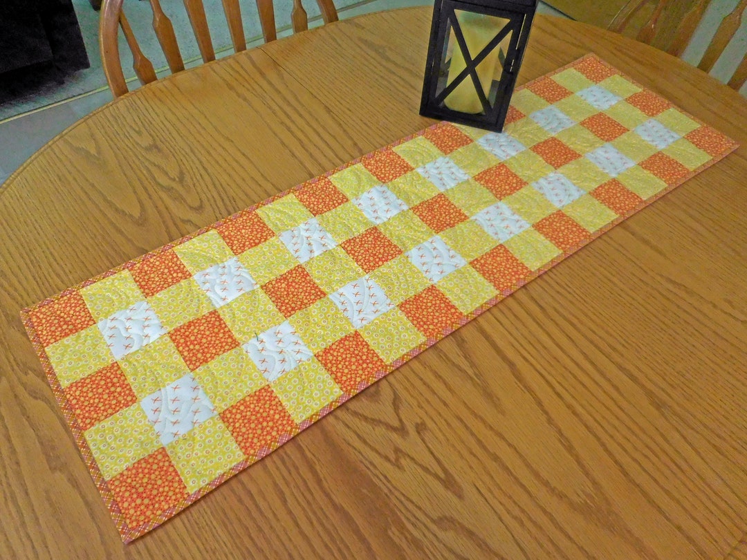 Quilted Table Runner, Farmhouse, Gingham, Orange Yellow Home Decor ...