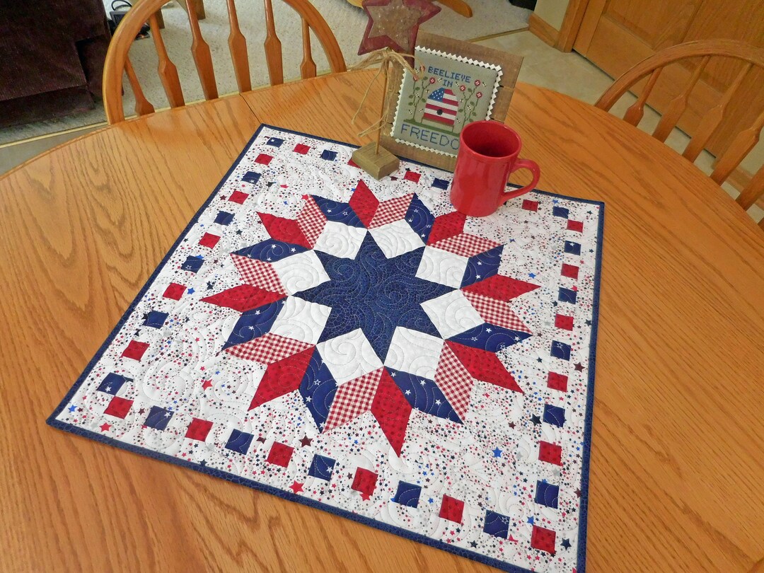 Quilted Table Runner, Patriotic Table Topper, Red White and Blue Stars ...
