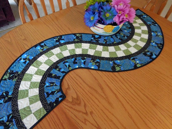Quilted Table Runner Blue Table Decor Unique Shape Table | Etsy