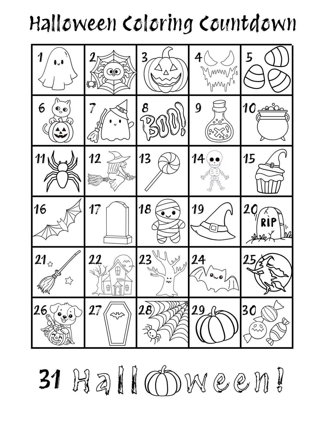 Printable Halloween Coloring Countdown Calendar: (PDF & JPG) Multiple ...