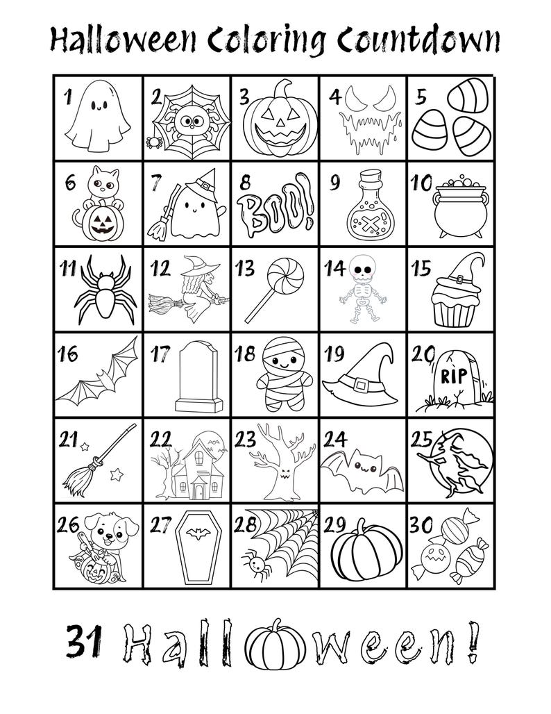 Printable Halloween Coloring Countdown Calendar: (PDF & JPG) Multiple ...