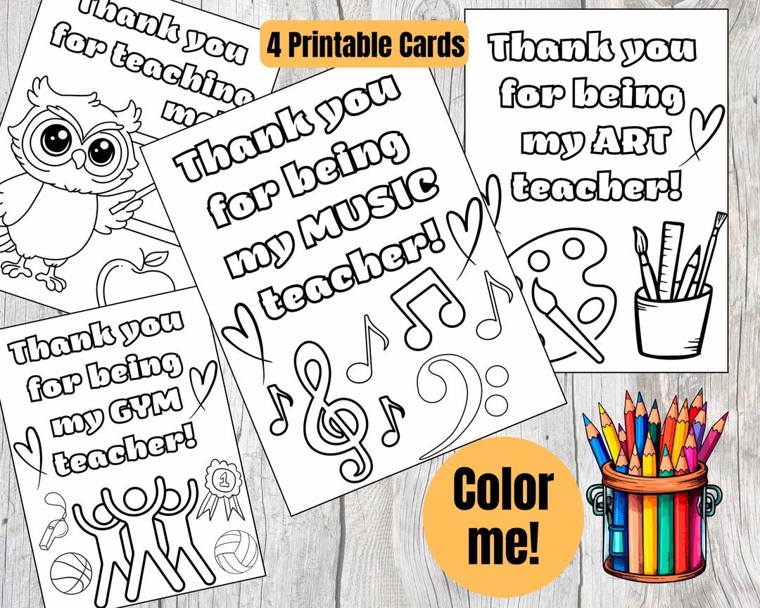 Printable Teacher Thank You Coloring Cards: Art, Music, Gym (digital ...