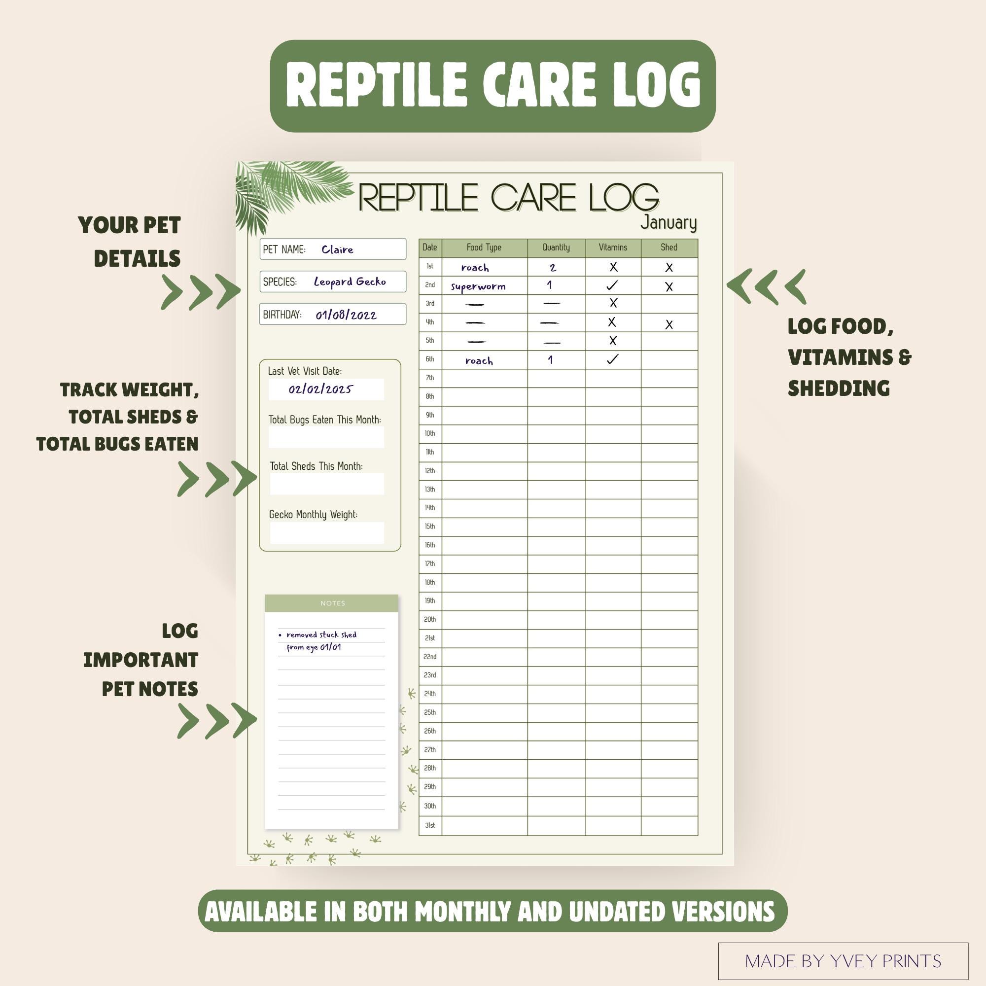 Reptile Care Log & Habitat Tracker | Gecko, Lizard Journal (PDF) - Etsy