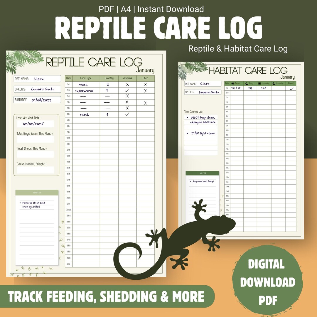 Reptile Care Log & Habitat Tracker | Printable Gecko Lizard Journal ...