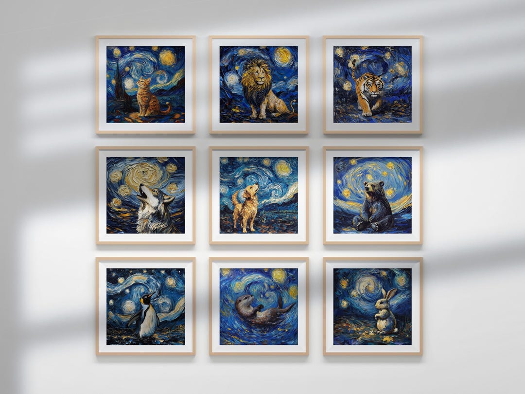 Van Gogh Style Animal Silhouette Wall Art: Set of 12 Digital Prints ...