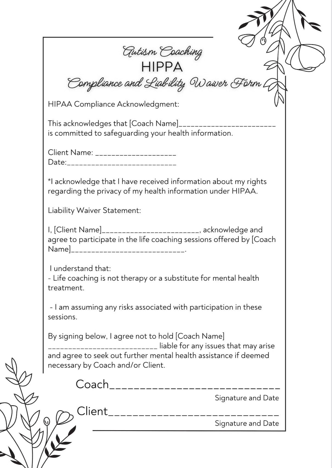 Autism Coaching HIPPA Acknowledgement and Liability Waiver Form - Etsy