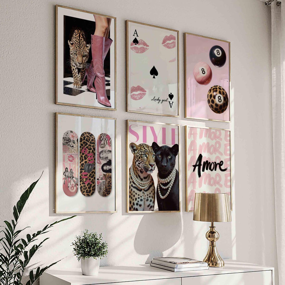 Trendy Pink Wall Art Set of 6, Retro 8 Ball Poster, Pink Cheetah Print ...