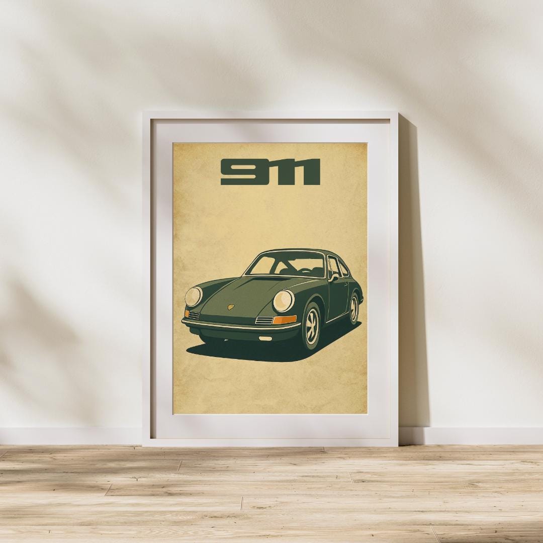 Vintage Car Poster, 1970s Retro Car Art, Classic Car Green Retro Car ...