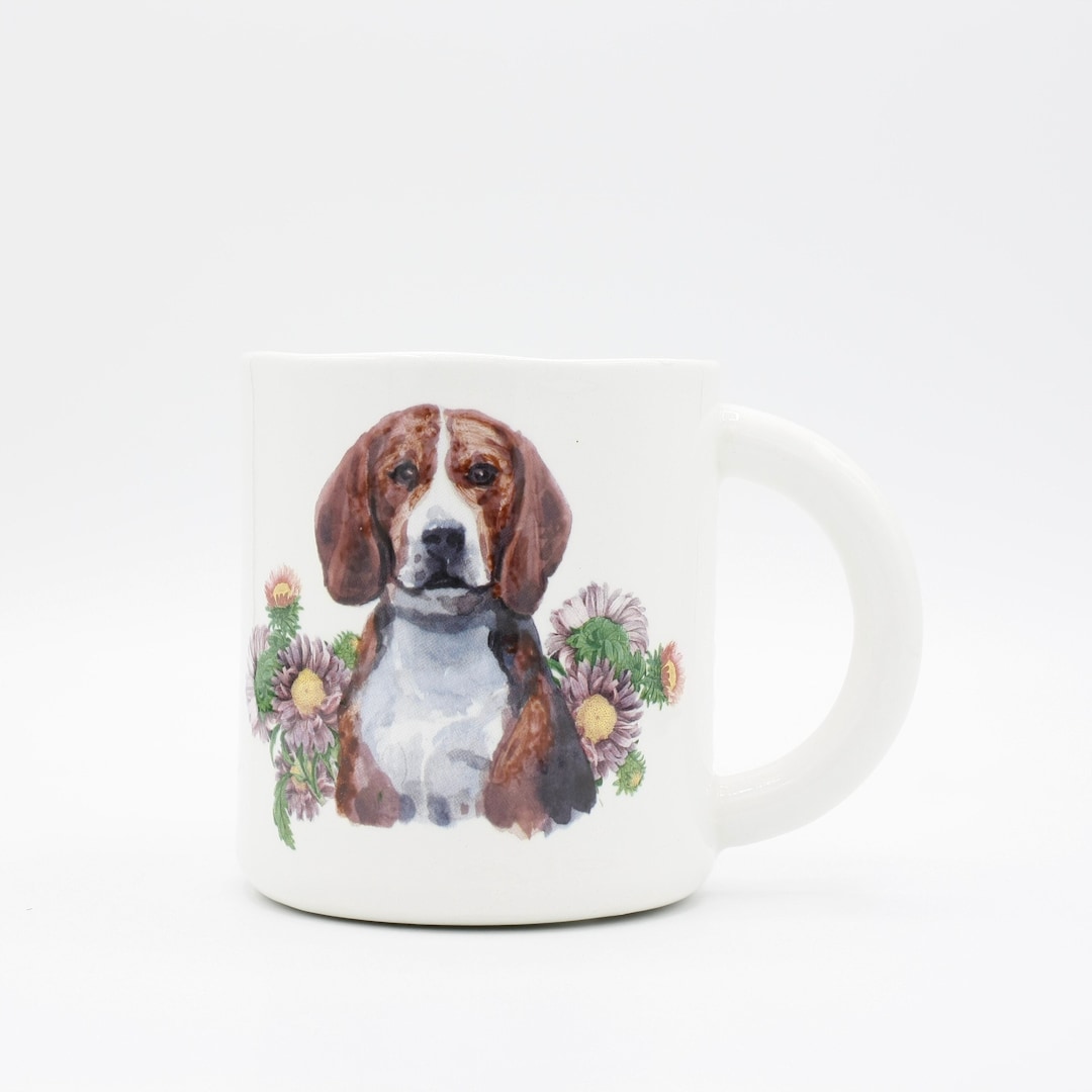 Beagle Dog Portrait Coffee Mug: Handmade Stoneware Clay, Floral Design ...