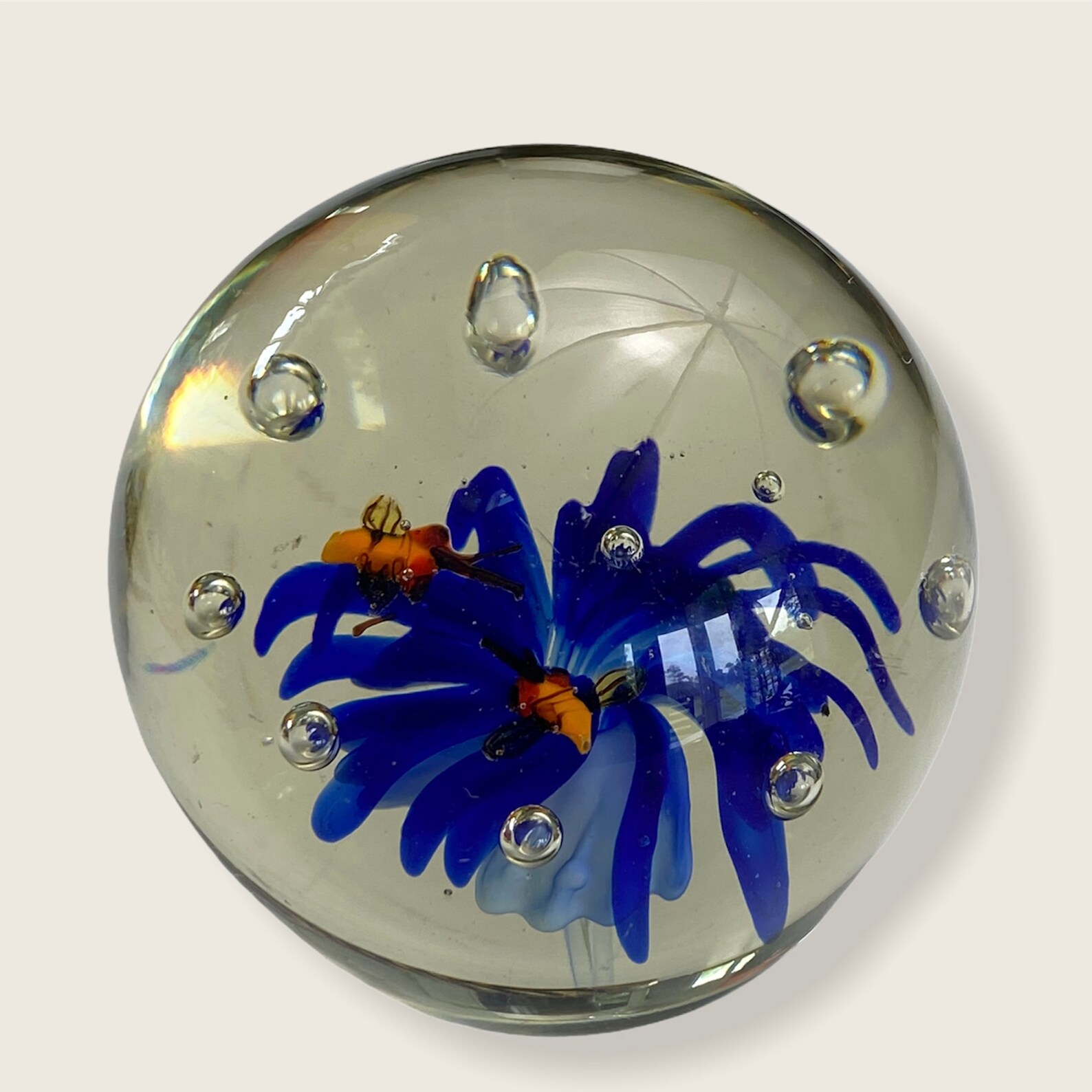 Art Glass Paperweight With Blue Flowers and Flying Bees - Controlled ...