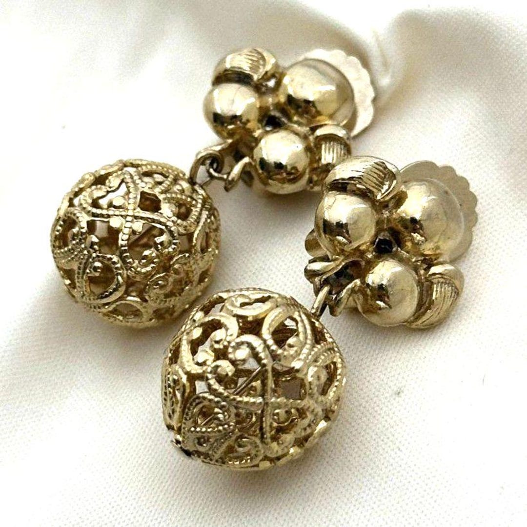 Vintage Coro Gold Tone Filigree Ball Dangle Earrings - Etsy