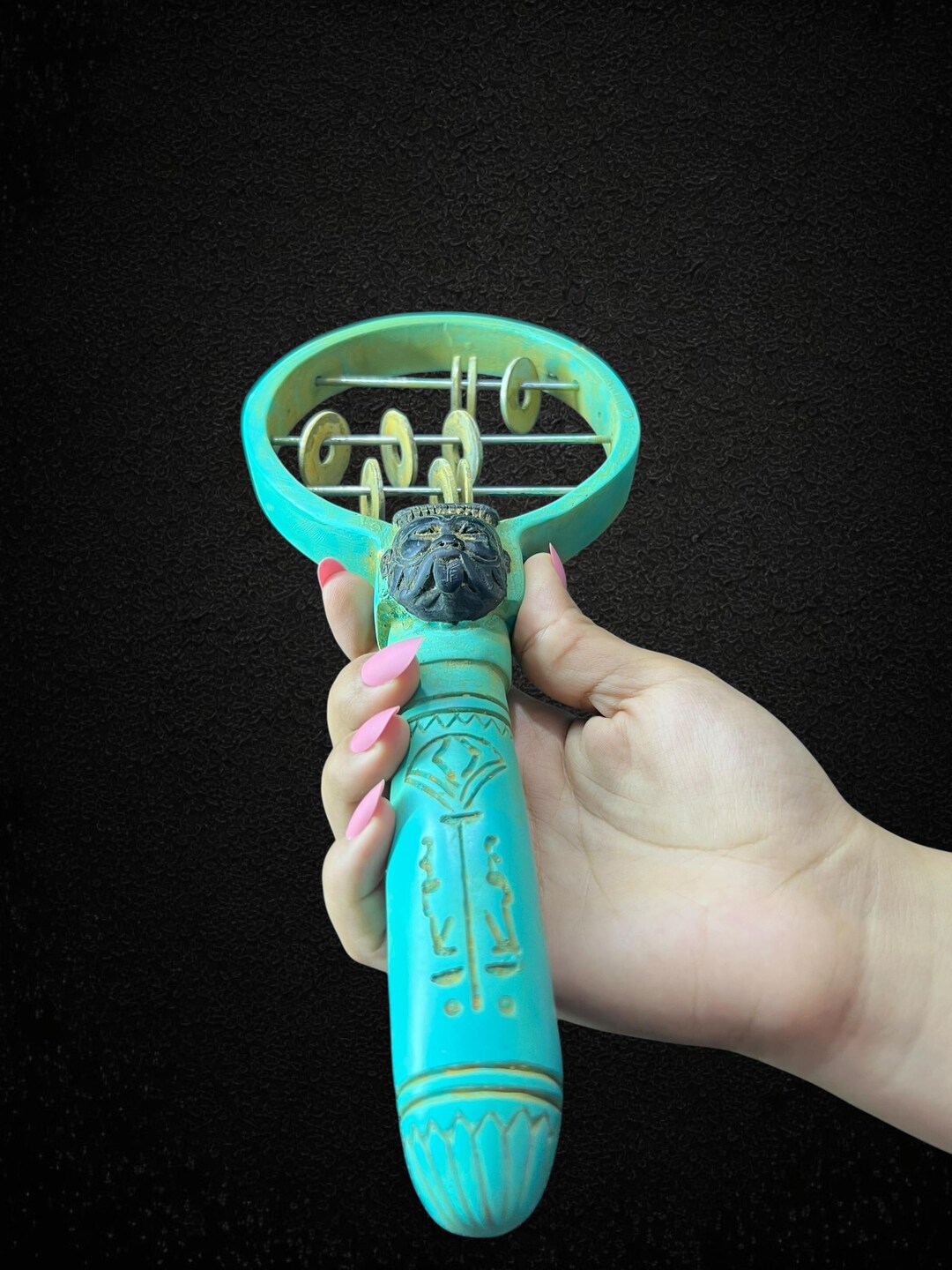 Egyptian Sistrum Replica: Turquoise & Gold Ritual Rattle With Bes ...