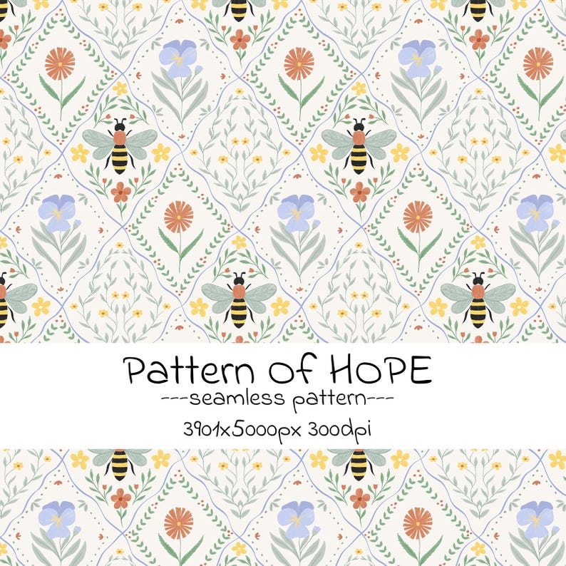 Folk Art Bee and Floral Seamless Pattern, Honeybee Botanical Digital ...