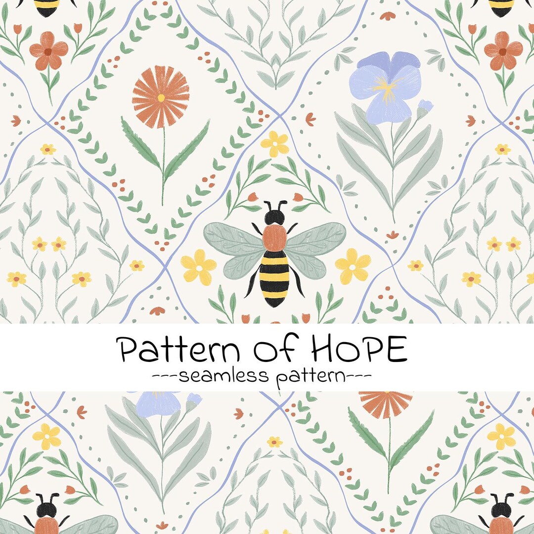 Folk Art Bee and Floral Seamless Pattern, Honeybee Botanical Digital ...