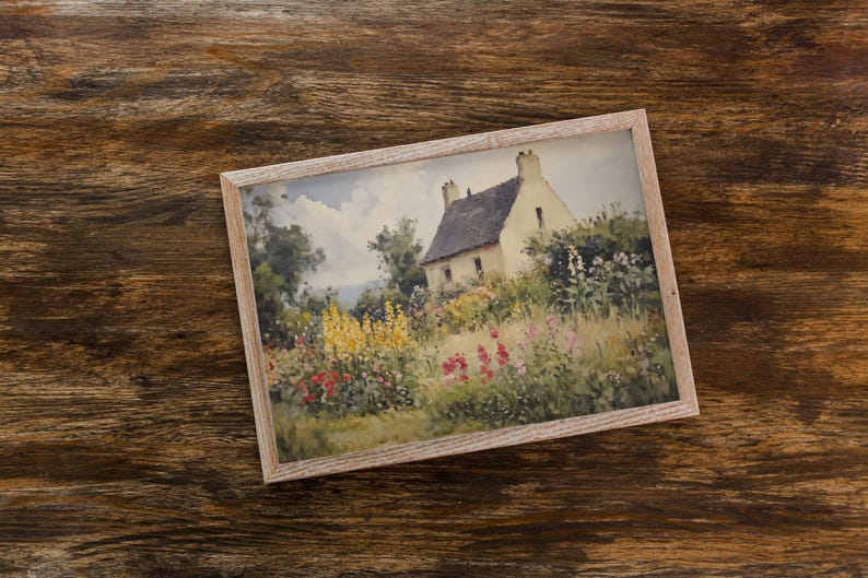Cottage Garden Landscape Painting | Rustic Farmhouse Print (digital ...