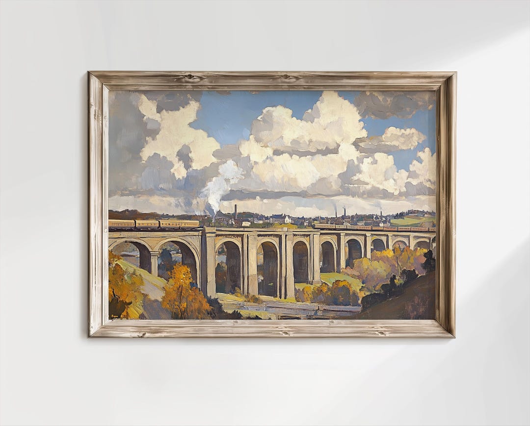 Vintage Train Viaduct Print | Railway Bridge Landscape Wall Art | Fall ...