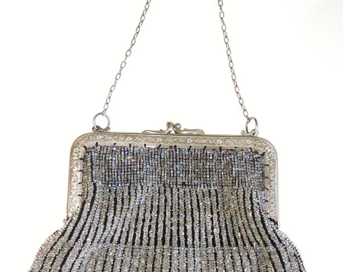 Vintage-1920s-mesh Purse-glitter Purse-black-silver-multi-color Beads ...