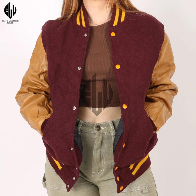 Wool-blend Maroon Varsity Jacket: Genuine Leather Sleeves, Unisex ...
