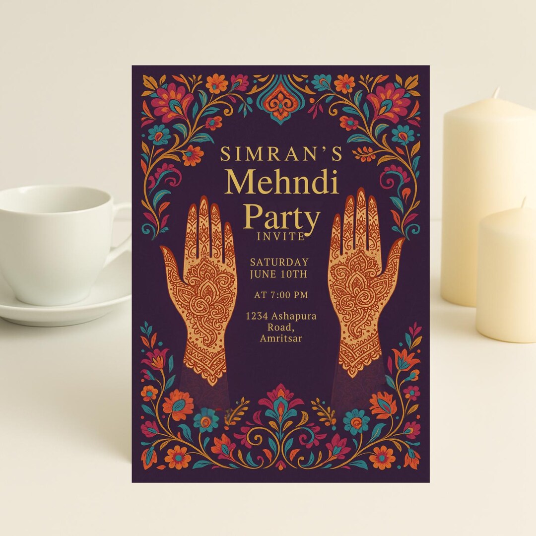 Mehndi Party Invitation Canva Template Editable Henna Night Card ...